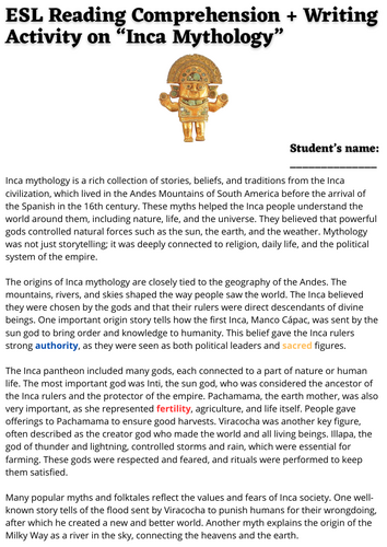 ESL Reading Comprehension + Writing Activity Worksheets on Inca ...
