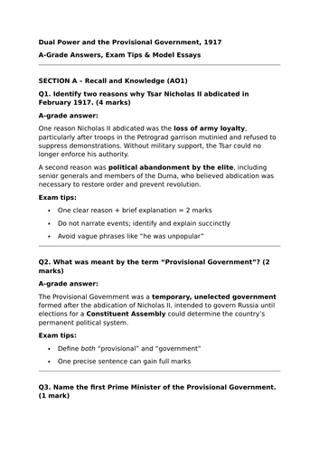 Provisional Government or Dual Authority. Student Notes, Questions and ...
