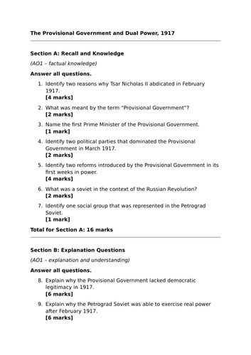 Provisional Government or Dual Authority. Student Notes, Questions and ...