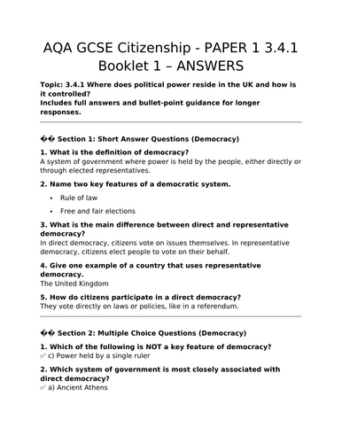 AQA GCSE Citizenship Revision - Politics and Participation Unit 1 ...