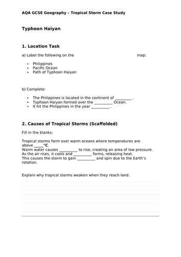 AQA GCSE Geography Typhoon Haiyan Case Study Worksheet | Tropical ...
