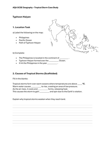 AQA GCSE Geography Typhoon Haiyan Case Study Worksheet | Tropical ...