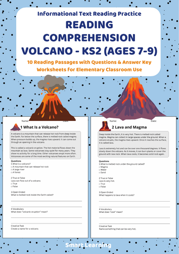 Reading Comprehension Volcano Worksheets (Ages 7–9) | 10 Texts ...