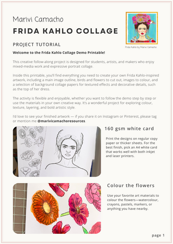 Frida Kahlo Collage Pack | Printable Art | Colour, Cut & Collage ...