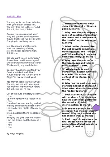 Reading comprehension - poetry: And Still I Rise by Maya Angelou 2d ...