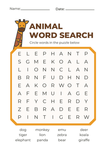Wild Animal Word Search | Teaching Resources