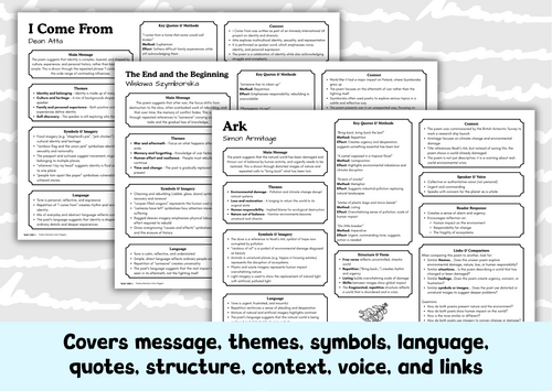 WJEC Poetry Unit 1 – A3 Revision One-Pagers (10 Poems) | Teaching Resources