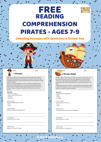FREE: Reading Comprehension Pirates Worksheets - Ages 7-9 ...