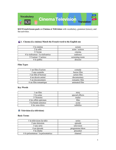 A Fun KS3 Worksheet for French Topic Cinema & Television | Teaching ...