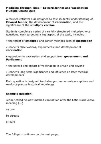 GCSE Medicine Through Time | Industrial | Jenner & Vaccination Quiz ...
