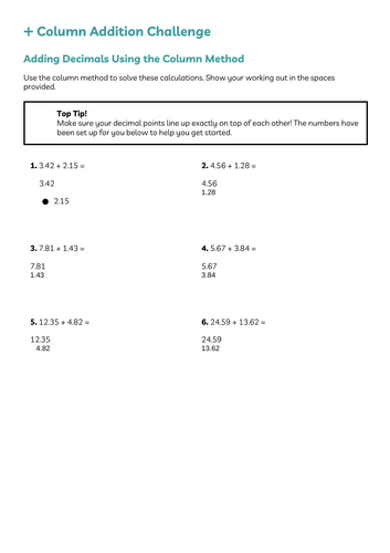 Y5 - Decimals - Add decimals with the same number of decimal places ...