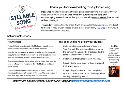 The Syllable Song | Teaching Resources