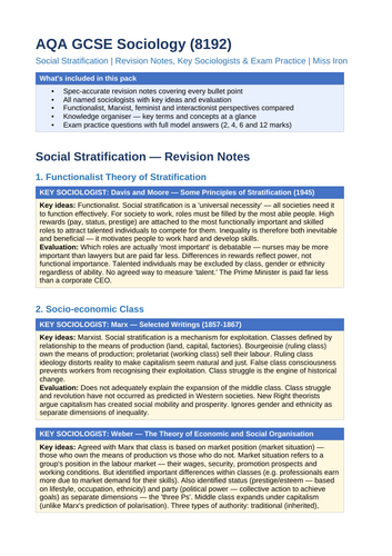 AQA GCSE Sociology (8192) – Social Stratification Revision Pack ...