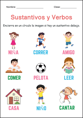 Nouns and Verbs Worksheets in spanish – Hojas de trabajo de sustantivos ...
