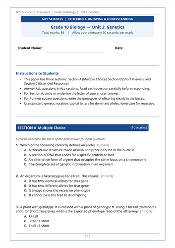 MYP Grade 10 Biology: Criterion A Exam - Genetics - 2026 | Teaching ...