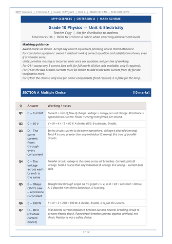 MYP Grade 10 Physics: Criterion A Exam - Electricity - 2026 | Teaching ...