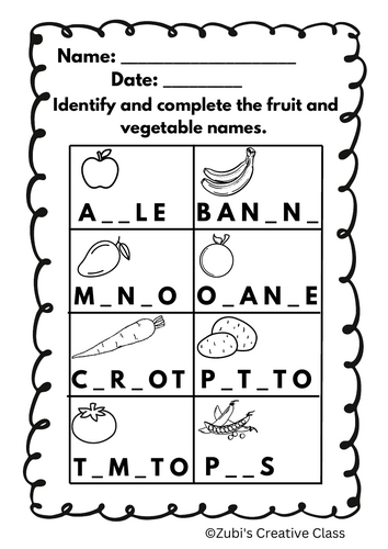 FREE Fruits and Vegetables Spelling Worksheet - Missing Letters ...