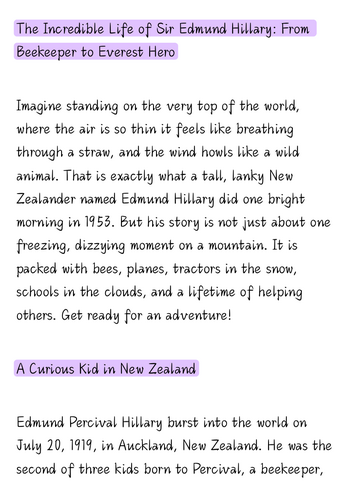Sir Edmund Hillary Biography Reading Passage | First to Summit Mount ...
