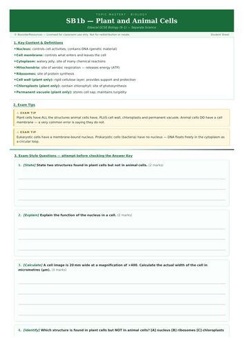 SB1b Plant and Animal Cells | Edexcel GCSE Biology Topic Mastery Pack ...