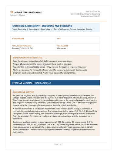MYP Grade 10 Physics: 3 Criterion B Assessment Tasks - Electricity ...
