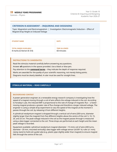 MYP Grade 10 Physics: 3 Criterion B Assessment Tasks - Magnetism ...