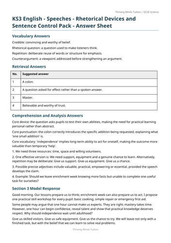 KS3 English - Speeches - Rhetorical Devices and Sentence Control Pack ...