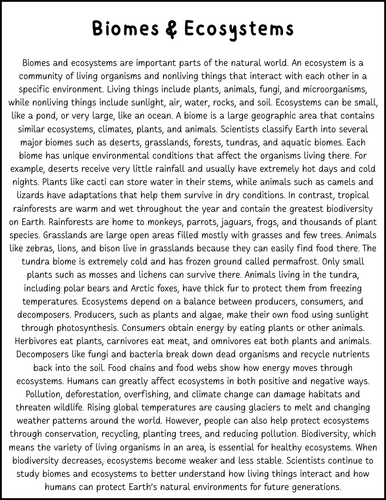 Biodiversity Reading Comprehension Activity | Teaching Resources