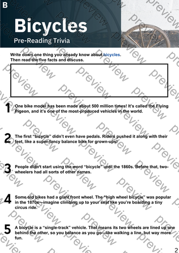 Bicycles Reading Comprehension Passage | Teaching Resources
