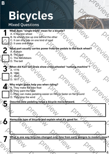 Bicycles Reading Comprehension Passage | Teaching Resources