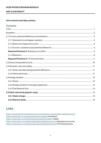 AQA GCSE Combined and separate Physics Topic 2 Physics – Electricity ...
