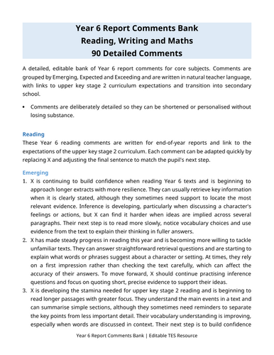 2026 Year 6 Report Comments Bank 390 Detailed Comments | Teaching Resources