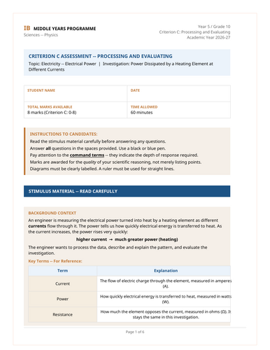 MYP Grade 10 Physics: 3 Criterion C Assessment Tasks - Electricity ...