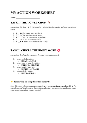 ESL and Young Lerners Action Word Flashcards | Teaching Resources