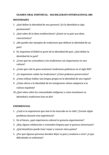 IB Spanish IB (SL/HL) Speaking Practice: Questions, Photos, Expressions ...