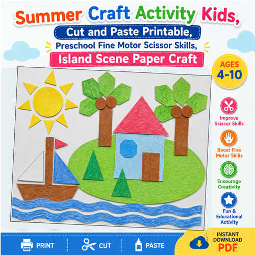 Summer Craft Activity Kids, Cut and Paste Printable, Preschool Fine ...