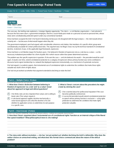 Paired Texts Reading Comprehension | Grades 10-12 | Fiction ...