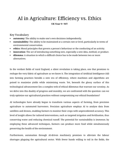 AI in Agriculture: Efficiency vs. Ethics Reading Comprehension | Year 9 ...