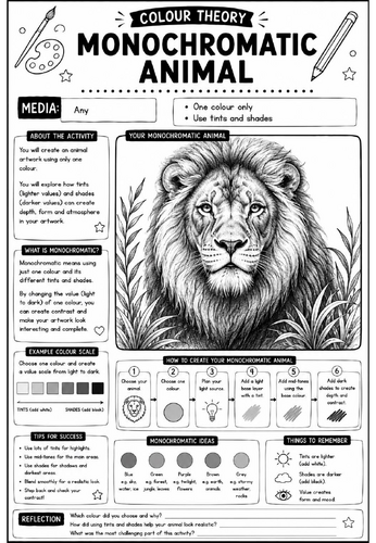 Colour Theory Worksheet – Monochromatic Animal | Tints, Shades ...