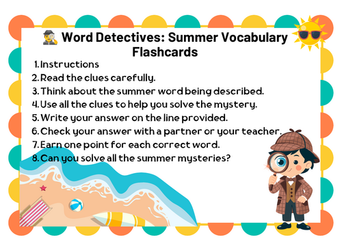 Summer Vocabulary Game | Word Detectives Context Clues Flashcards ...