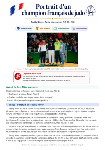Teddy Riner French Reading Comprehension Worksheet – A2-B1 | Teaching ...