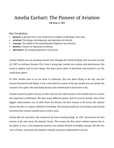 Amelia Earhart Reading Comprehension Bundle | Year 4 (KS2) | Teaching ...