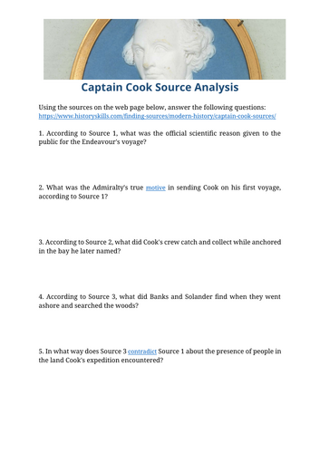 Captain James Cook Source Analysis Worksheet | Teaching Resources