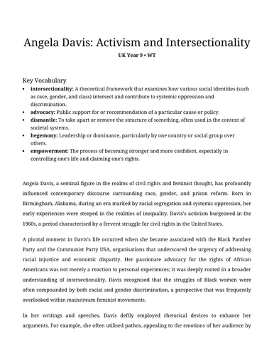 Angela Davis: Activism and Intersectionality Reading Comprehension ...