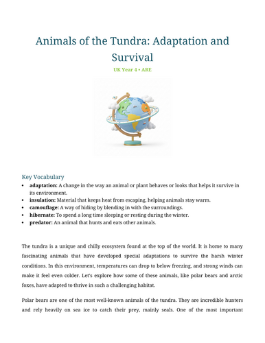 Animals of the Tundra: Adaptation and Survival Reading Comprehension ...