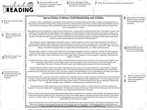 GCSE Sikhism God as creator Guided reading | Teaching Resources