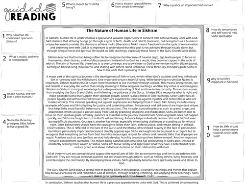 GCSE Sikhism The nature of life Guided Reading | Teaching Resources