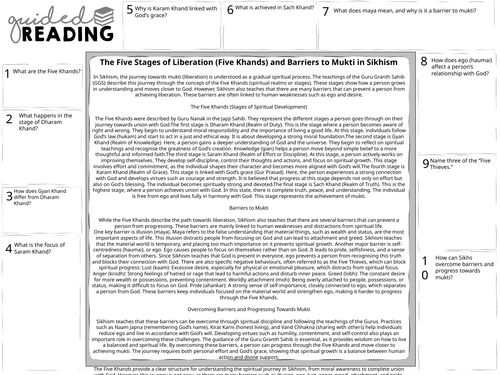 GCSE Sikhism Five stages of Liberation Guided Reading | Teaching Resources