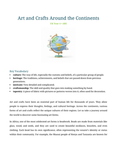 Art and Crafts Around the Continents Reading Comprehension | Year 4 ...