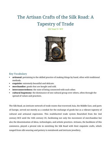 Artisan Crafts and Silk Road Trade Reading Comprehension | Year 9 (KS3 ...