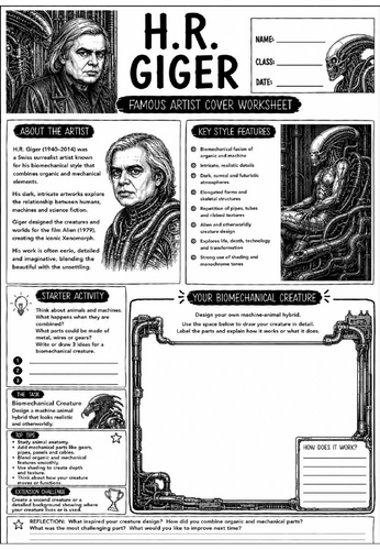 H.R. Giger Famous Artist Cover Worksheet | KS3 Art Cover Lesson ...